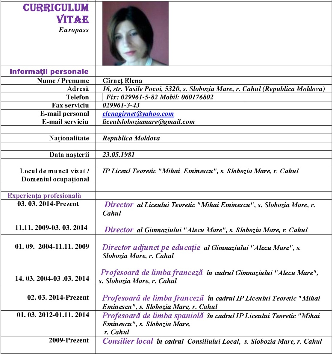 Cv Ul Directorului Liceul Teoretic Mihai Eminescu